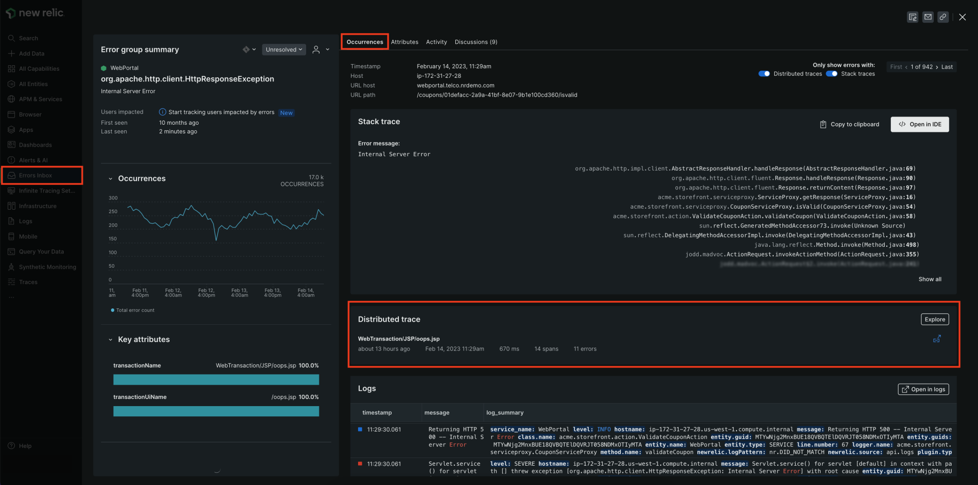 Distributed Traces across Logs and Errors | New Relic